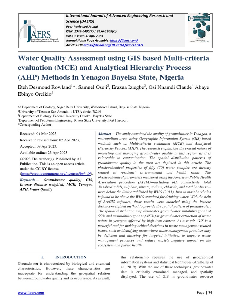 Water Quality Assessment Using GIS Based Multi-Criteria Evaluation (MCE) and Analytical ...