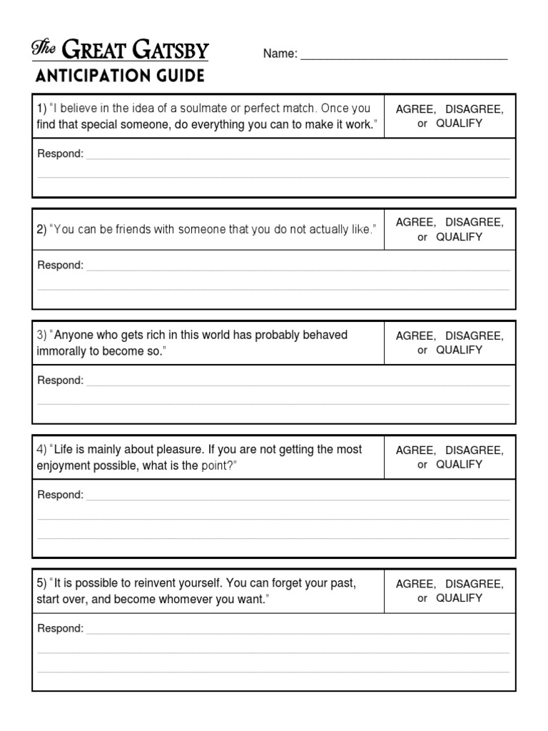 Anticipation Guide THE GREAT GATSBY | PDF