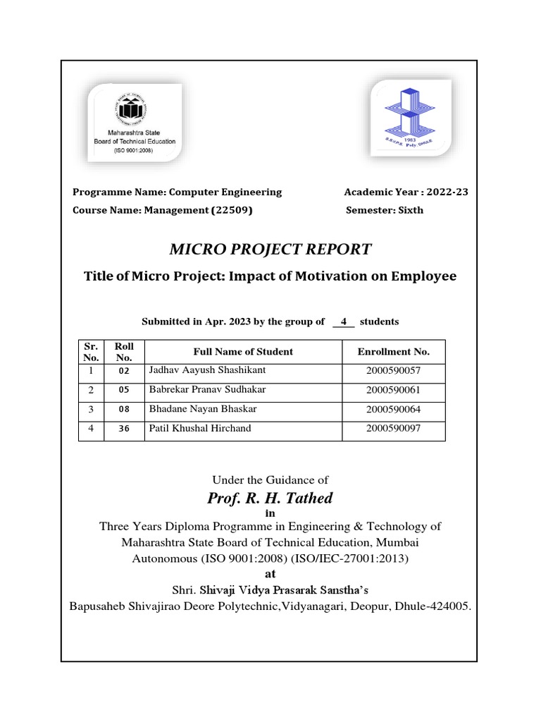 Micro Project Report: Title of Micro Project: Impact of Motivation On ...