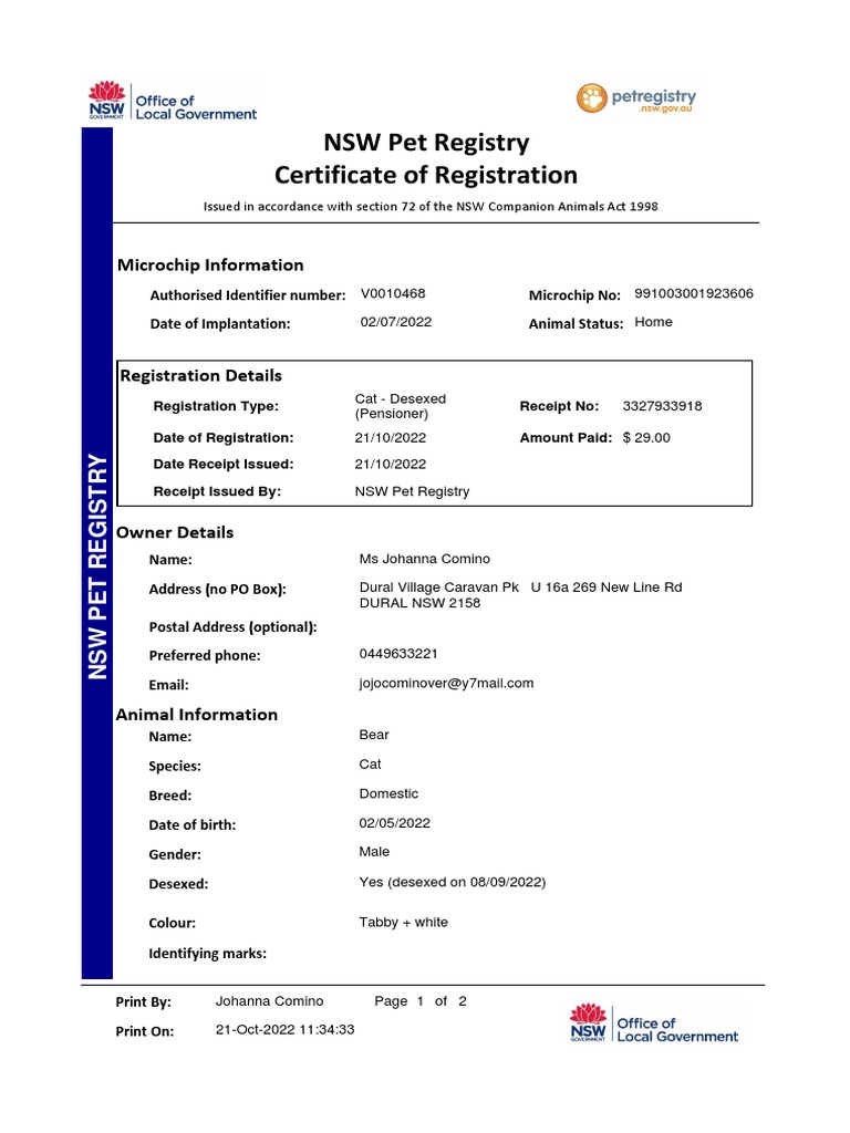 NSW Pet Registry Certificate of Registration: Microchip Information ...