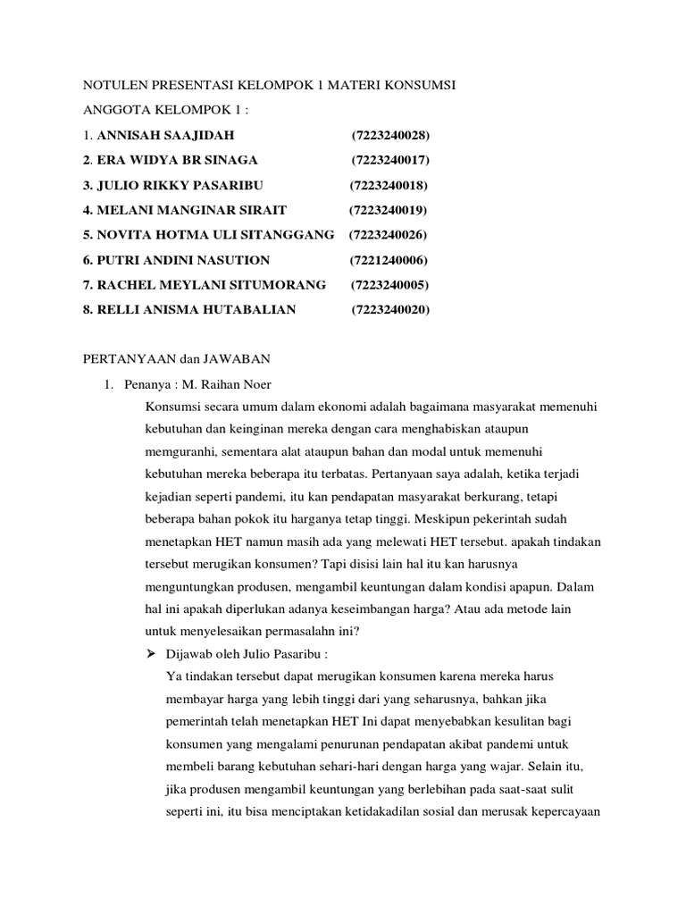 Notulen Presentasi Kelompok 1 Materi Konsumsi | PDF