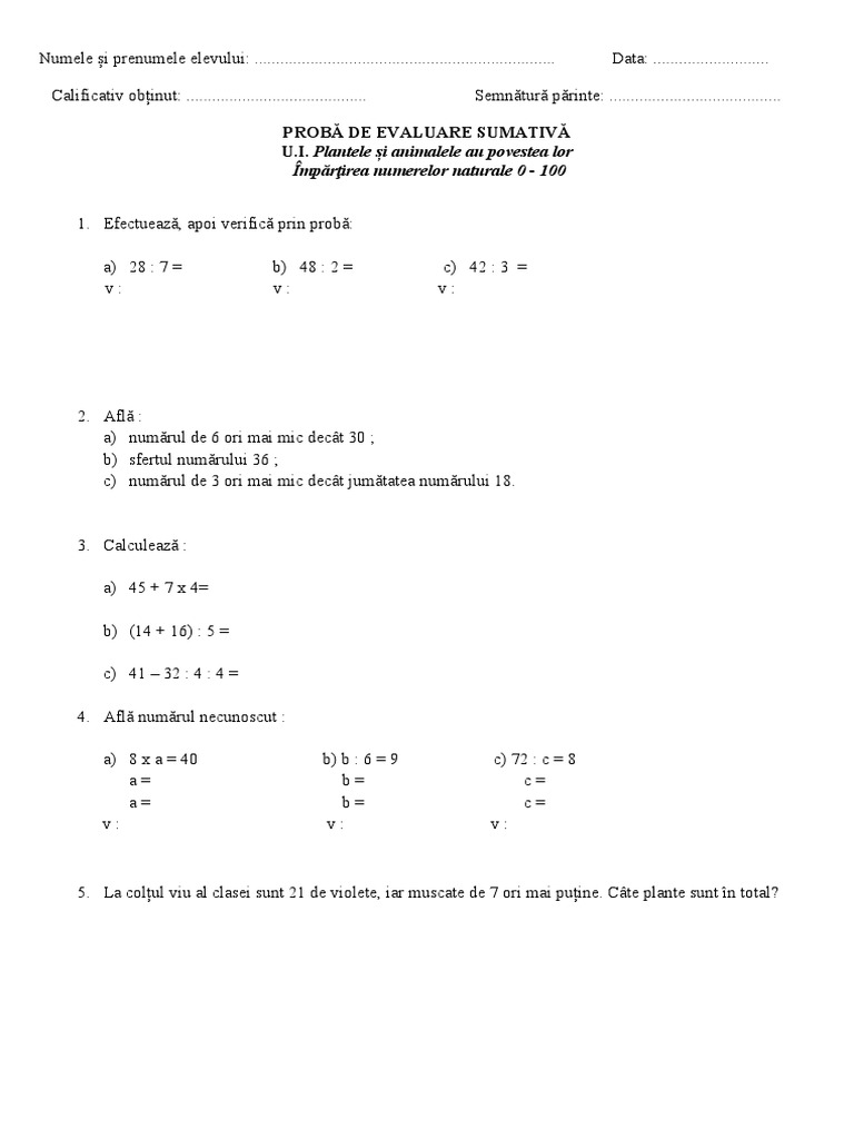 Probă de Evaluare Sumativă U.I. Plantele Și Animalele Au Povestea Lor | PDF