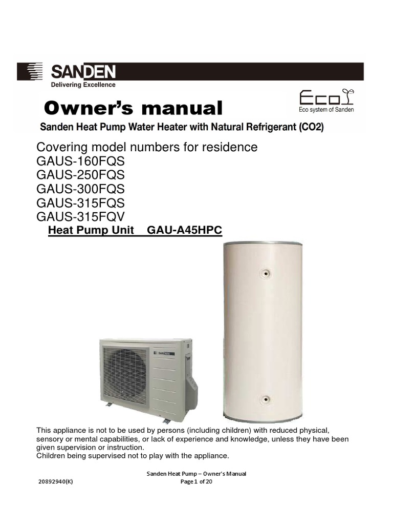 Sanden Eco Plus FQS FQV Owners Manual | PDF | Water Heating | Pump