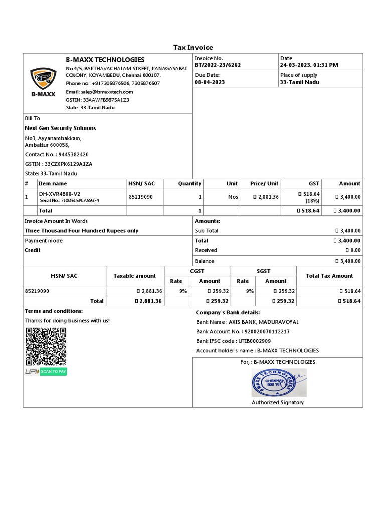 Tax Invoice - BT 2022-23 6262 - 24 - 03 - 23 | PDF | Public Finance | Money