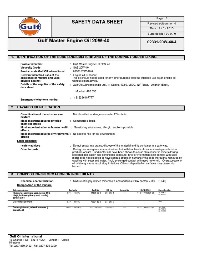 Gulf Master Engine Oil 20W 40 2 | PDF | Firefighting | Toxicity