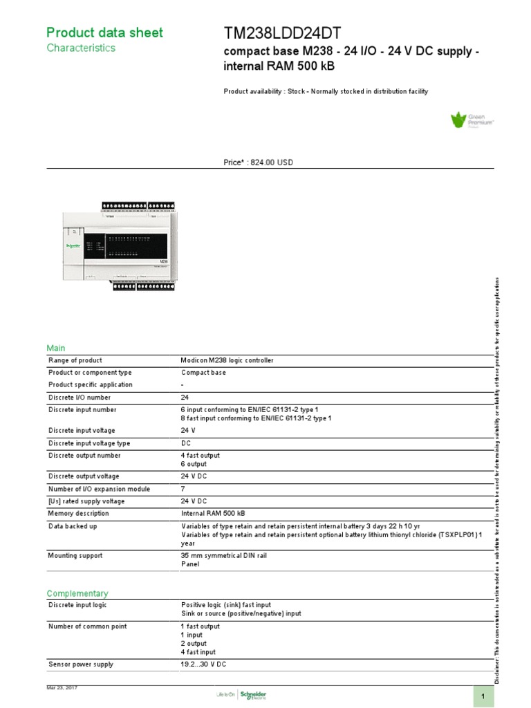 Modicon M238 Micro PLC (Update To M241) - TM238LDD24DT | PDF | Logic Gate | Power Supply