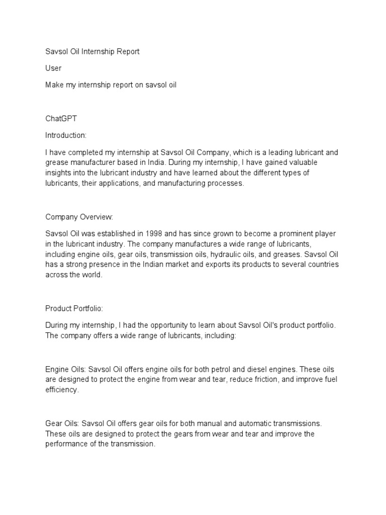 Savsol Oil Internship Report | PDF | Manual Transmission | Automatic Transmission