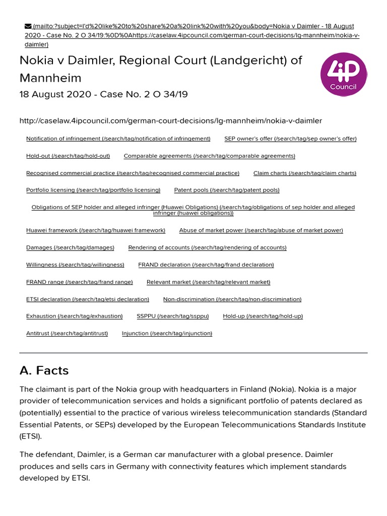 Nokia V Daimler, Regional Court (Landgericht) of Mannheim: 18 August 2020 - Case No. 2 O 34/19 ...