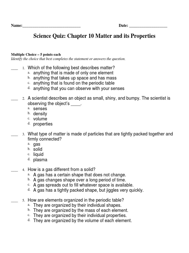 Science Quiz Chapter 10 Matter and Its Properties | PDF | Gases | Volume