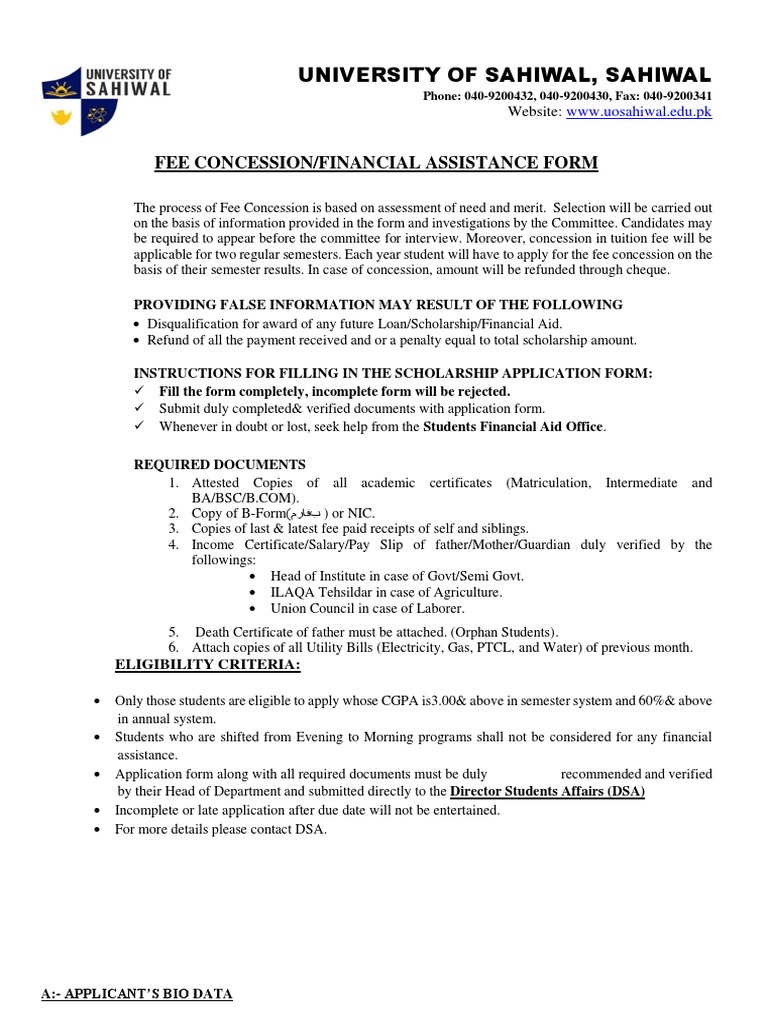 University of Sahiwal, Sahiwal: Fee Concession/Financial Assistance ...