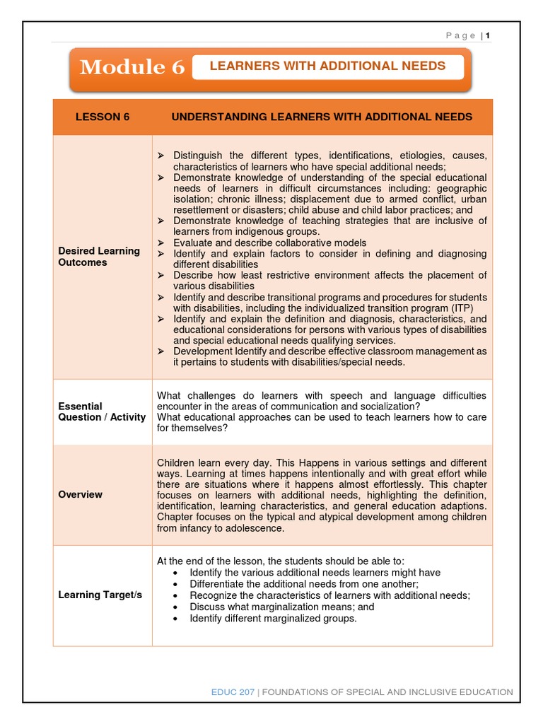 Chapter 6 Learners With Additional Needs | PDF | Intellectual ...