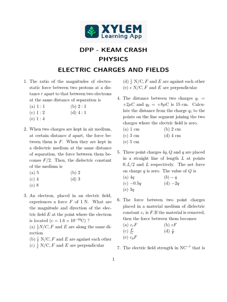 DPP - Keam Crash Physics Electric Charges and Fields: N/C, F and E Are Along The Same Di-F | PDF ...
