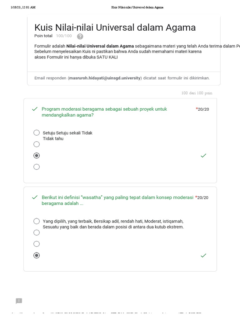 Kuis Nilai-Nilai Universal Dalam Agama | PDF
