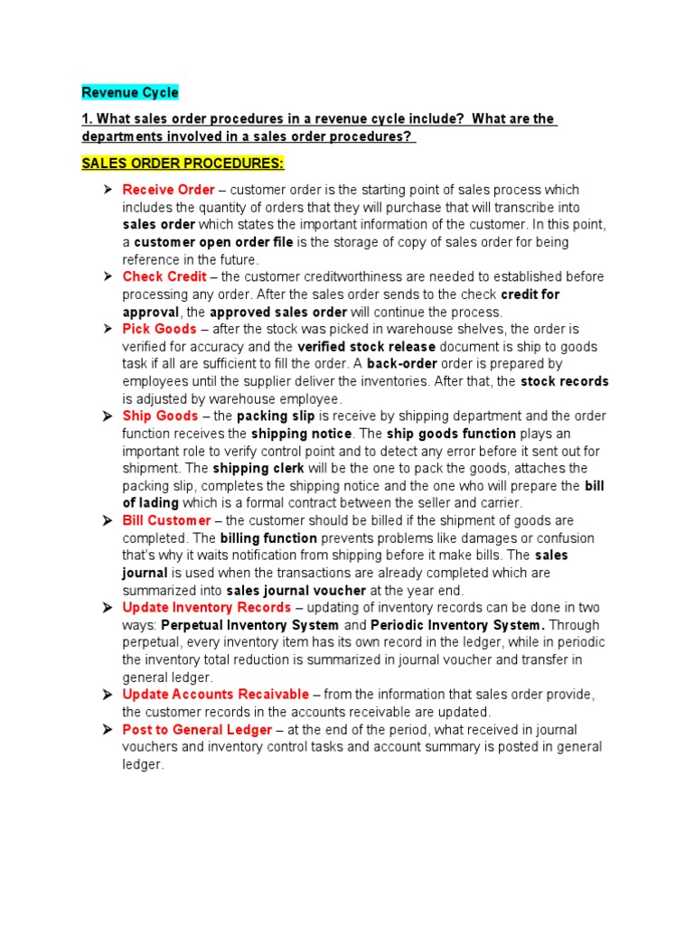 Sales Order Procedures in Revenue Cycle | PDF