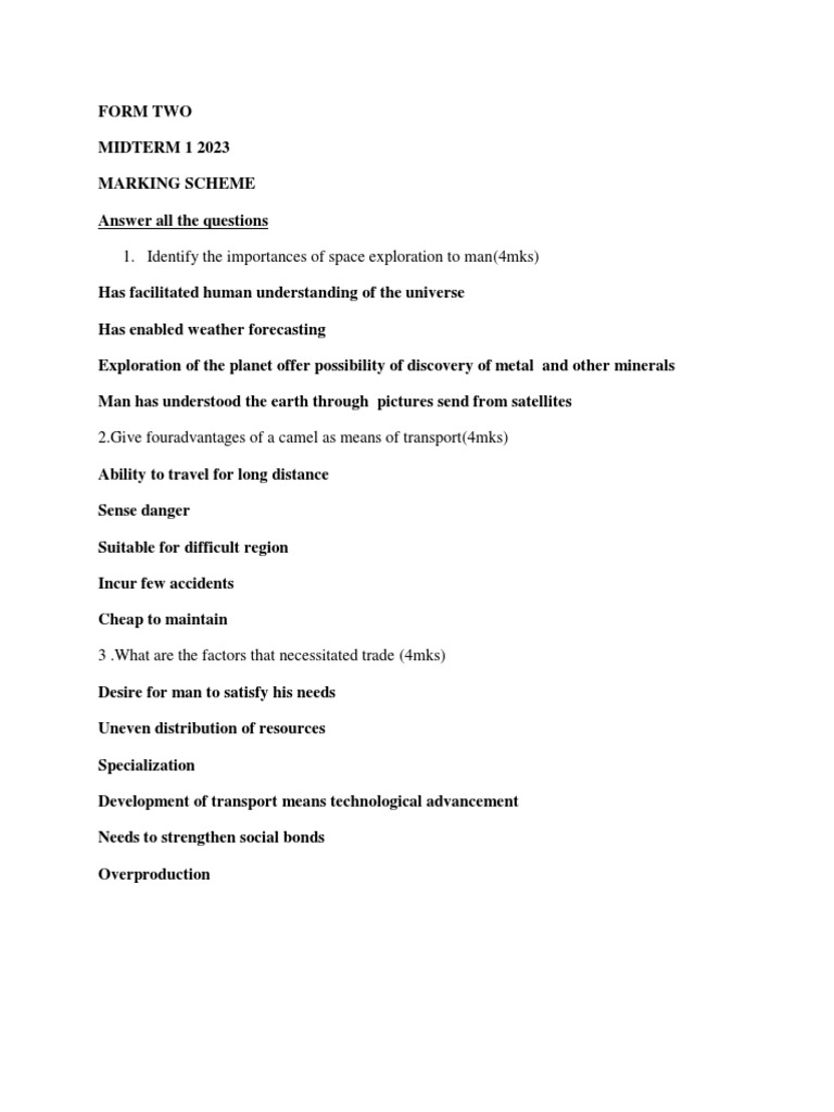 1445 Form 2 History and Government Mid Term 1 Examination 2023 Answers ...