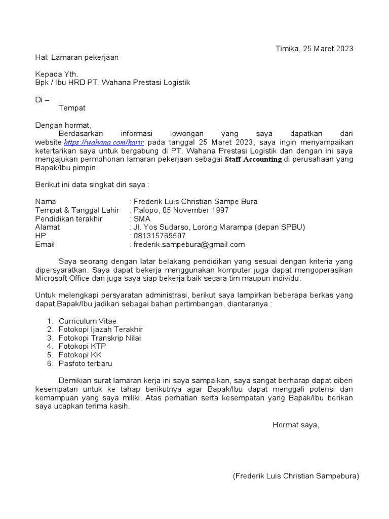 Lamaran PT. Wahana Express | PDF