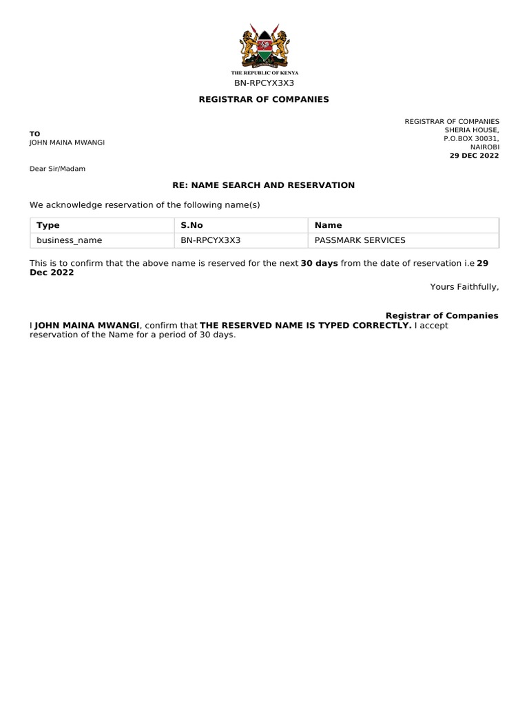 BN-RPCYX3X3-Name Reservation Certificate | PDF