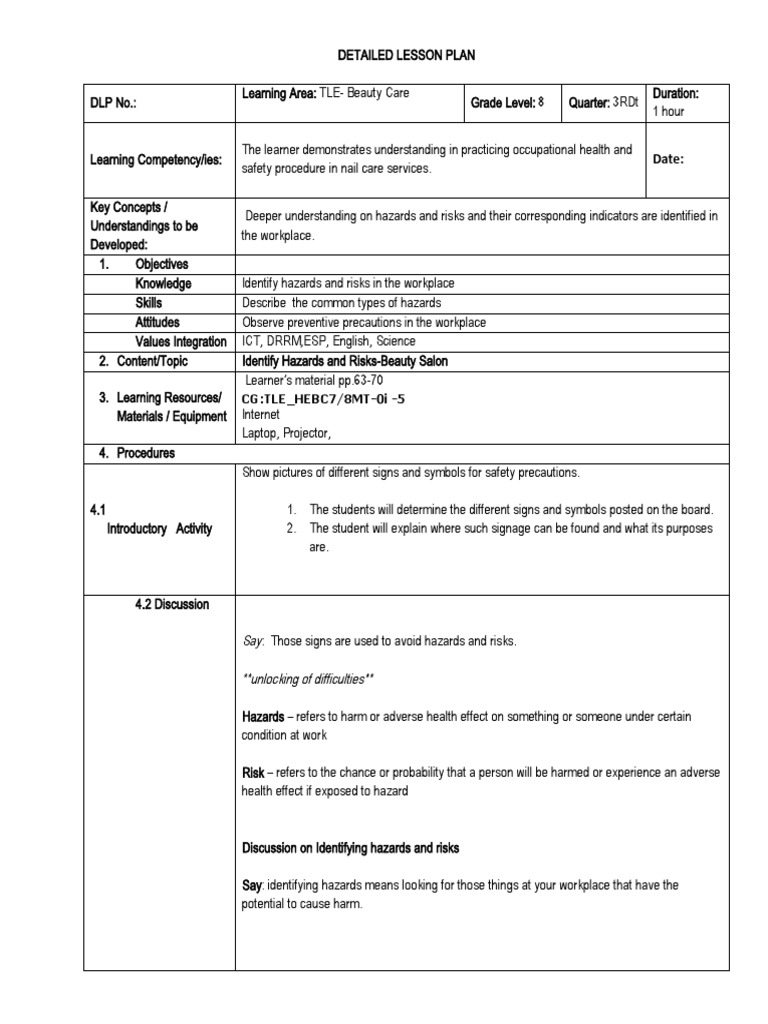 Detailed Lesson Plan in Nailcare - 8 | PDF | Occupational Safety And ...