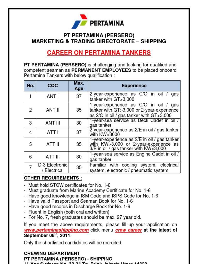 Career Opportunities for Qualified Seamen on Pertamina Tankers | PDF