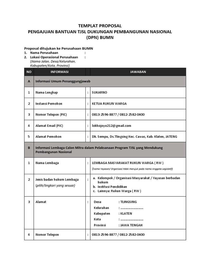 Templat Proposal Pengajuan Bantuan TJSL Dukungan Pembangunan Nasional (DPN) Bumn | PDF