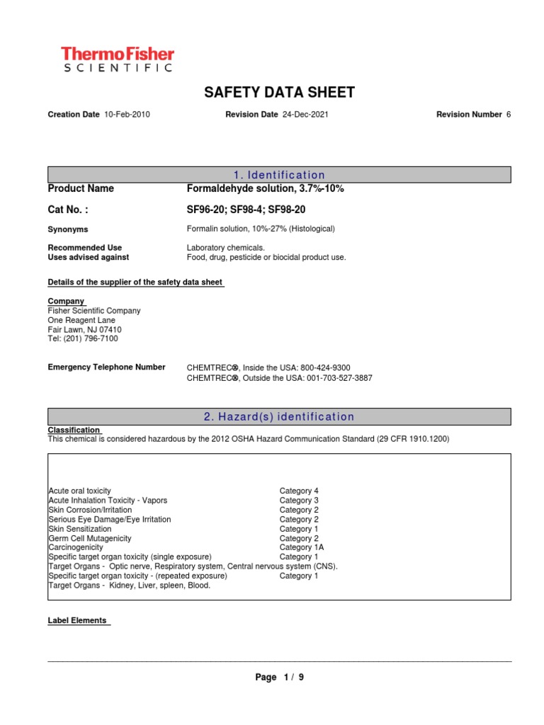 Sds FORMALIN-10 - SOLUTION-W-V-4L | PDF