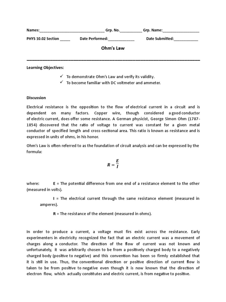 Ohm's Law PHET Activity | PDF | Voltage | Electrical Resistance And ...