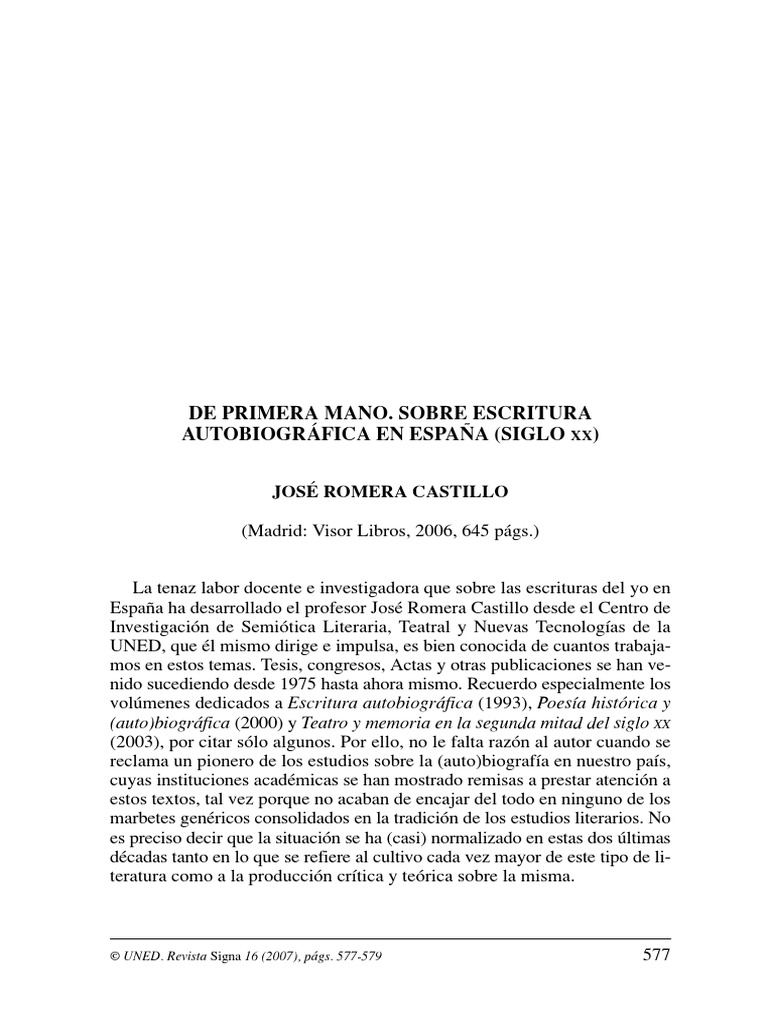 Jos Romera Castillo Resea de Primera Mano Sobre Escritura Autobiogrfica en Espaa Siglo XX Madrid ...