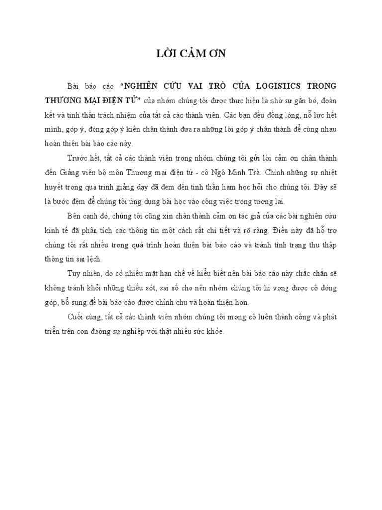 Lời Cảm Ơn: THƯƠNG MẠI ĐIỆN TỬ" của nhóm chúng tôi được thực hiện là nhờ sự gắn bó, đoàn | PDF