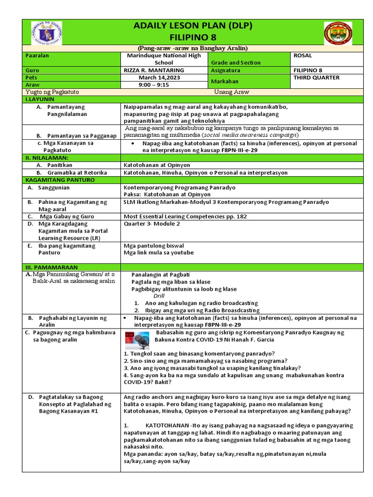 Daily Lesson Plan MODULE 3 KATOTOHANAN AT OPINYON | PDF