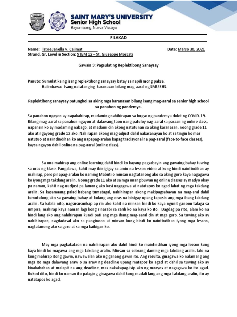 Gawain 9 Pagsulat NG Replektibong Sanaysay, Filakad Grade 12 | PDF