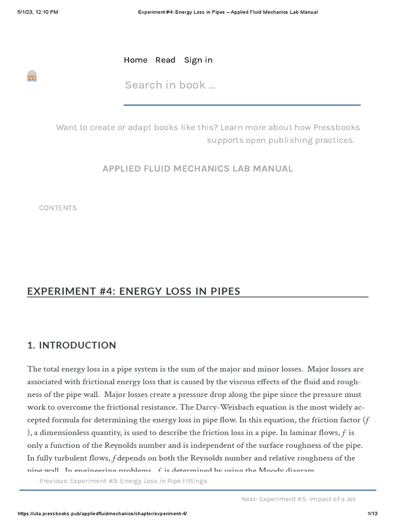 Energy Loss in Pipes Experiment | PDF | Reynolds Number | Fluid Dynamics