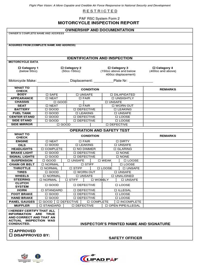 PAF RSC System Form 2 Motorcycle Inspection Report | PDF | Motorcycle ...