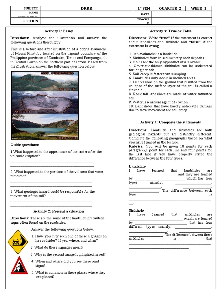 DRRR ACTIVITY SHEET Q2 Week1 | PDF | Landslide | Sinkhole DRRR ACTIVITY SHEET Q2 Week1 | PDF | Landslide | Sinkhole