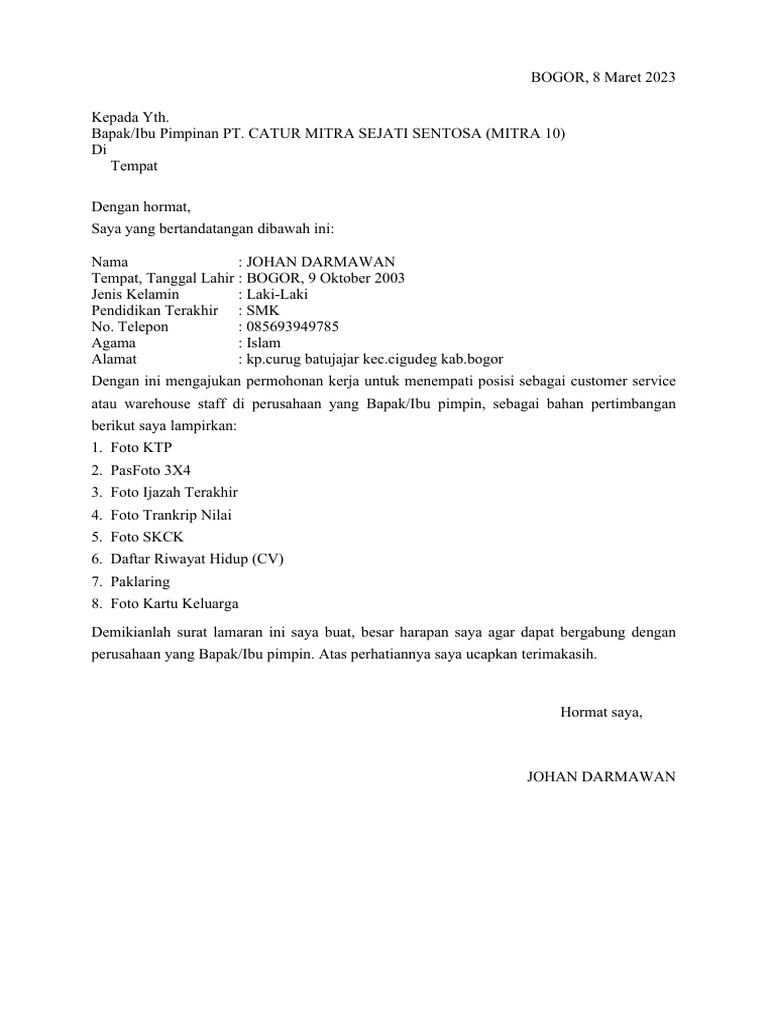 Contoh Surat Lamaran Mitra 10 | PDF