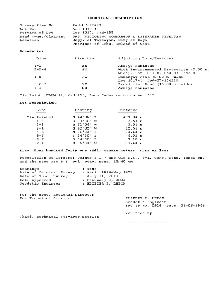 Technical Description: Boundaries | PDF | Surveying | Geodesy