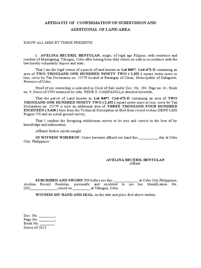 Affidavit of Confirmation of Subdivision and Additional of Land Area | PDF