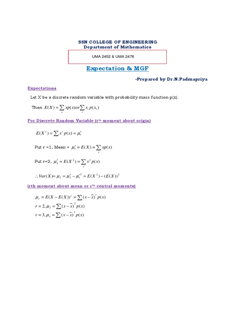 Expectations - Notes | PDF | Probability Distribution | Expected Value