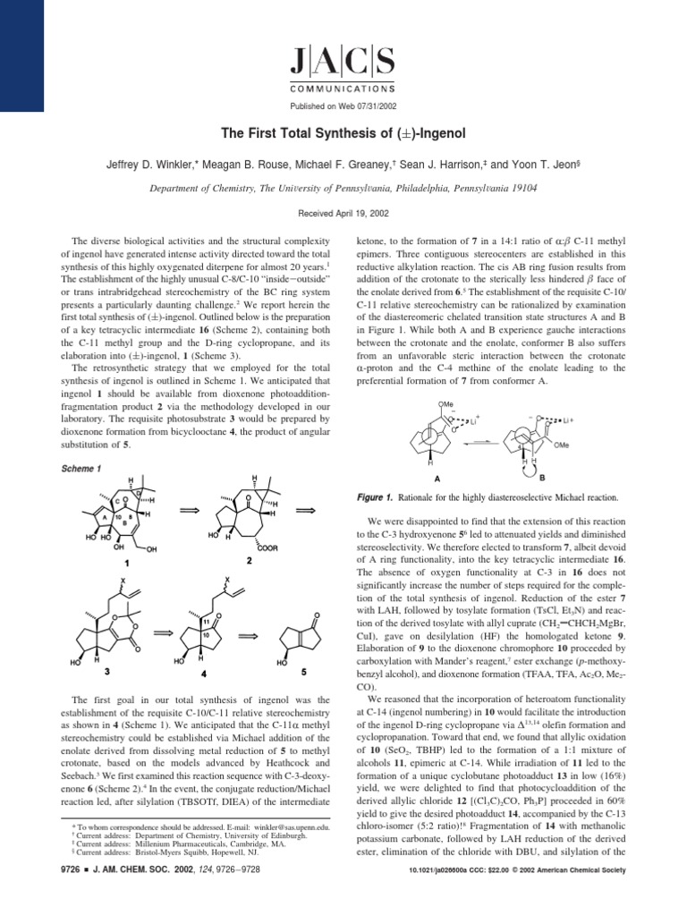 The First Total Synthesis of - Ingenol | PDF | Alkene | Chemical Reactions