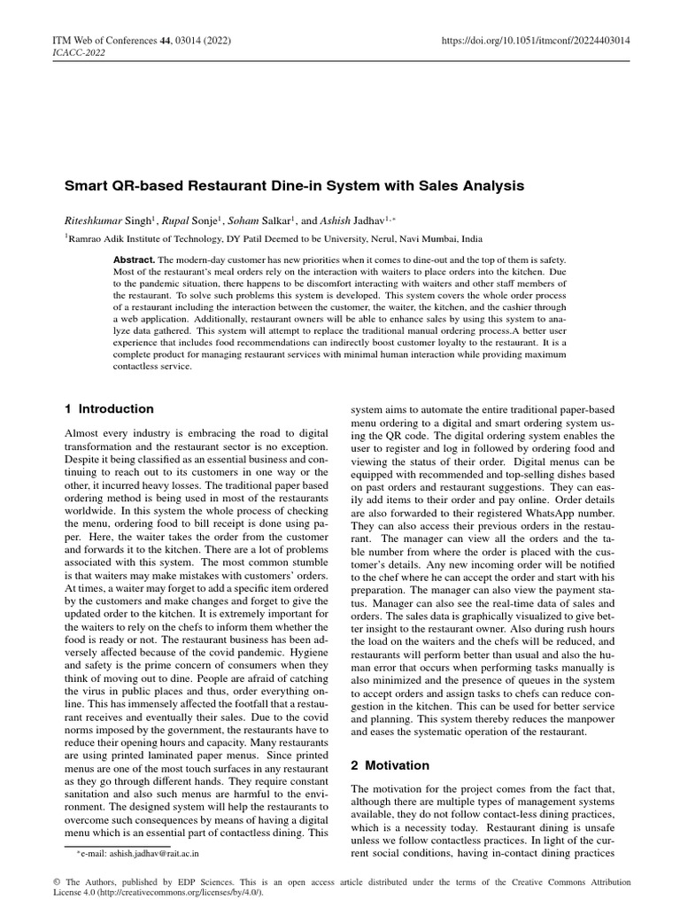 Smart QR-based Restaurant Dine-In System With Sale | PDF