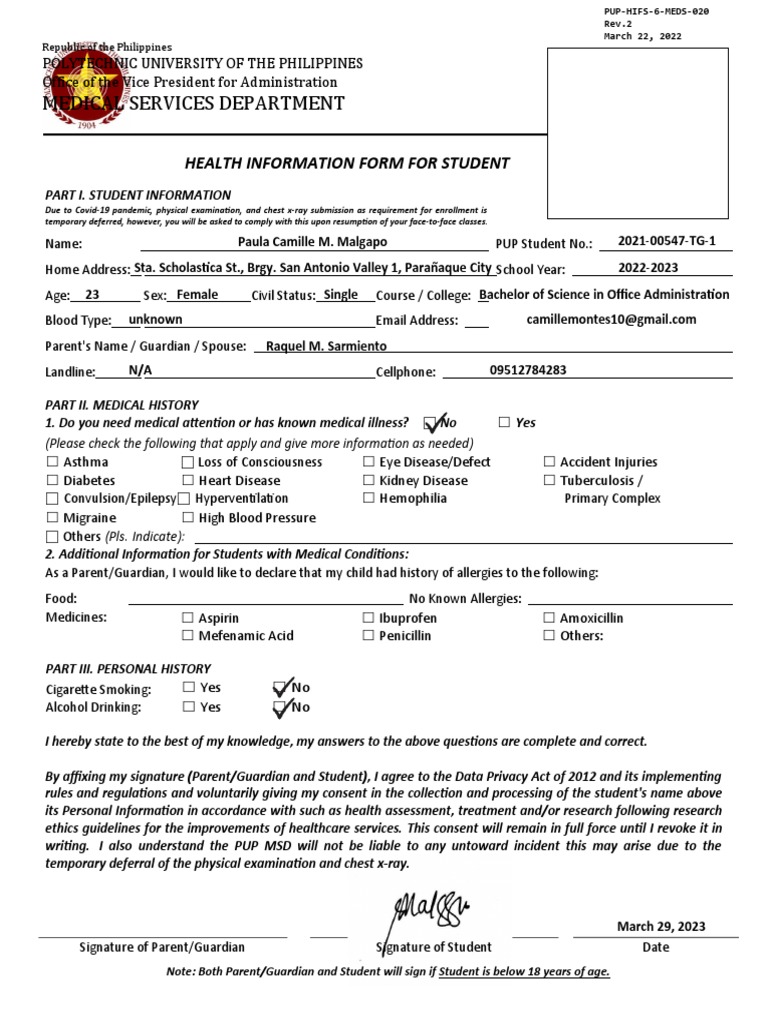 Medical Health Information Form For Students 2022 | PDF | Health Care ...