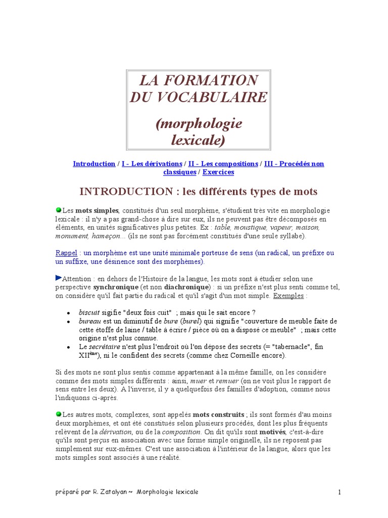 Formation du Vocabulaire en Morphologie | PDF | Nom (grammaire) | Verbe