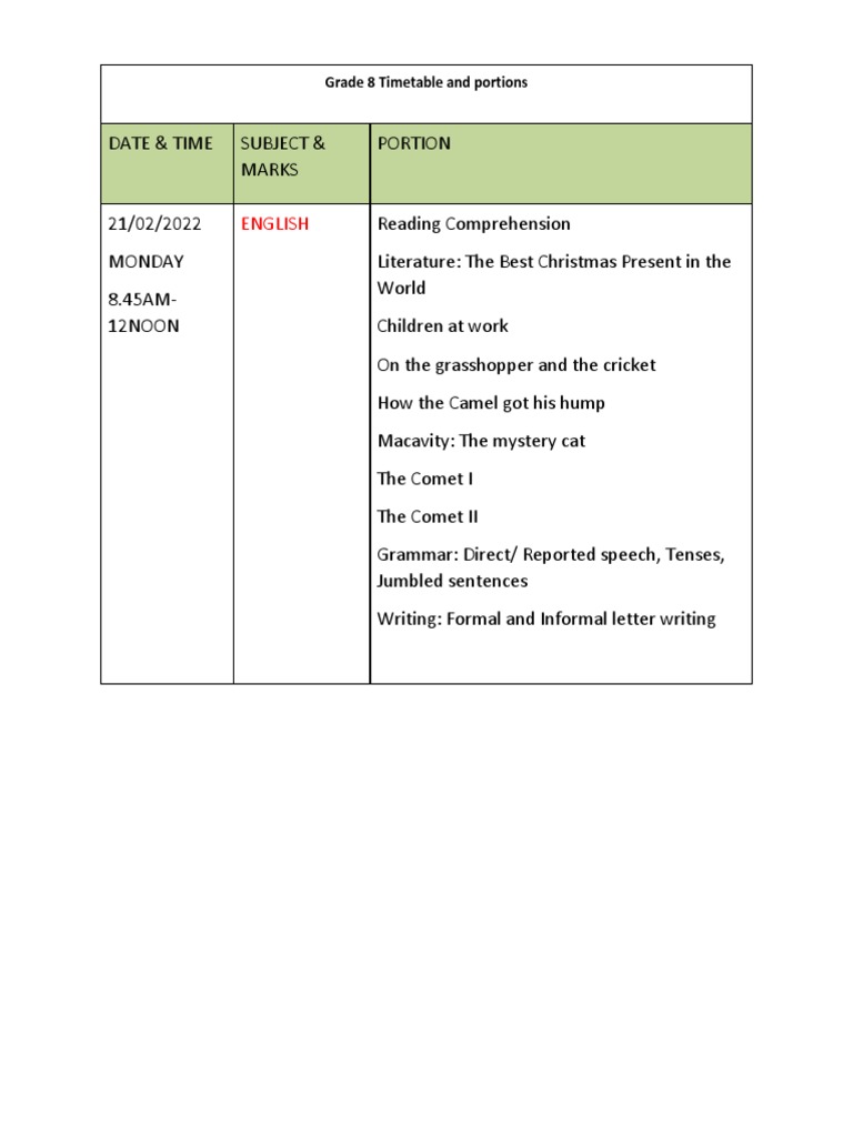 Grade 8 Timetable and Portions | PDF | Nature