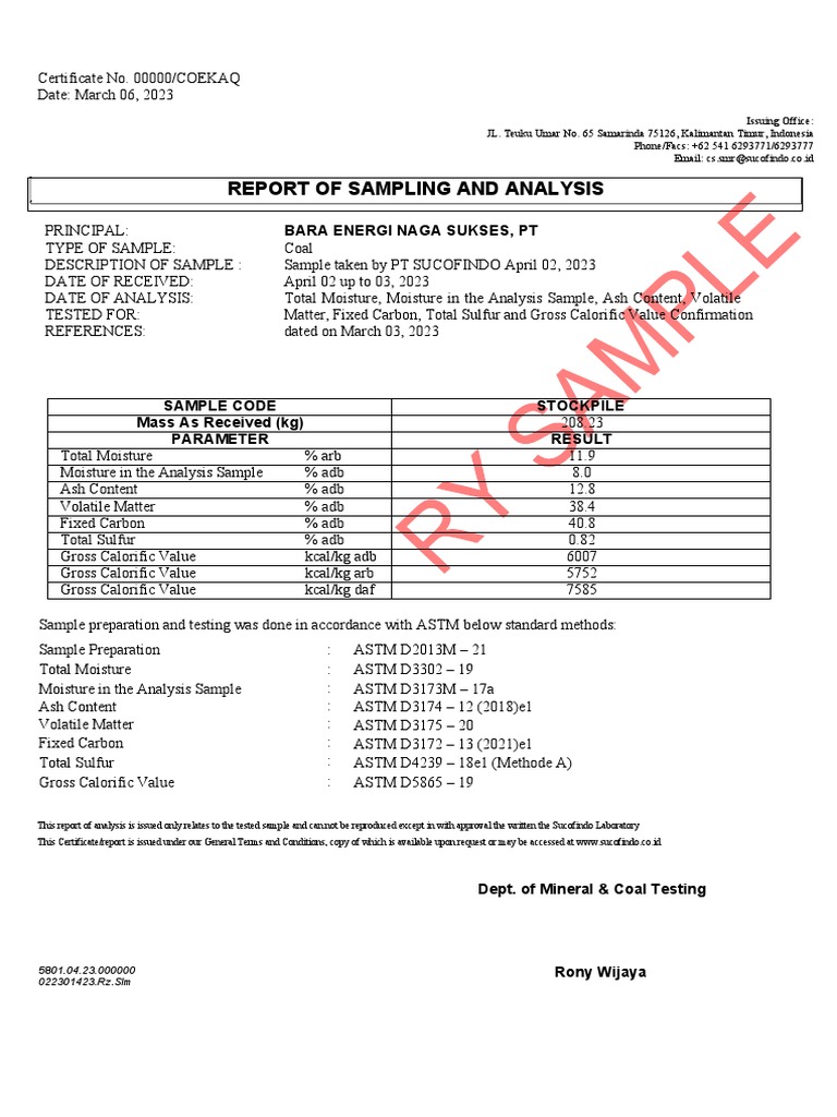 Report of Sampling and Analysis: Bara Energi Naga Sukses, PT | PDF ...