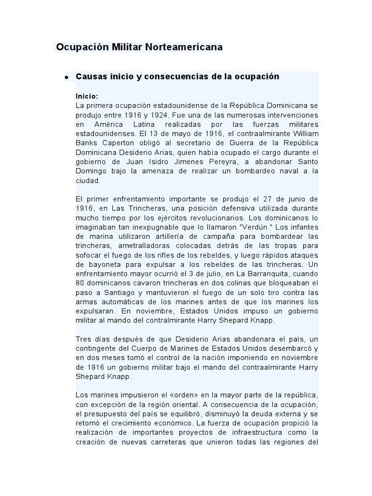Ocupación Militar de EE. UU. en RD 1916-1924 | PDF