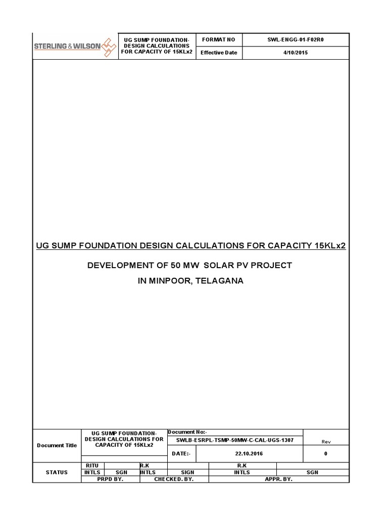 Ug Sump Foundation Design Calculations For Capacity 15Klx2 Development of 50 MW Solar PV Project ...