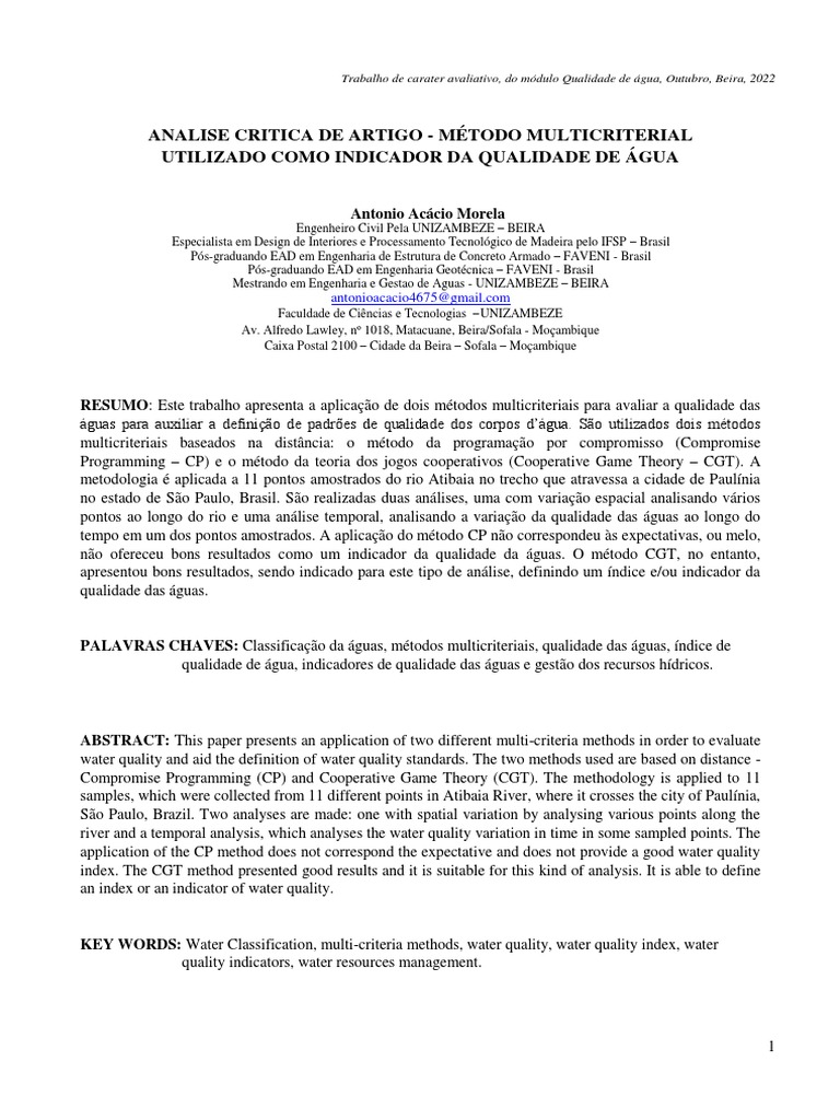 Trabalho 1 - ANALISE CRITICA DE ARTIGO - MÉTODO MULTICRITERIAL UTILIZADO COMO INDICADOR DA ...