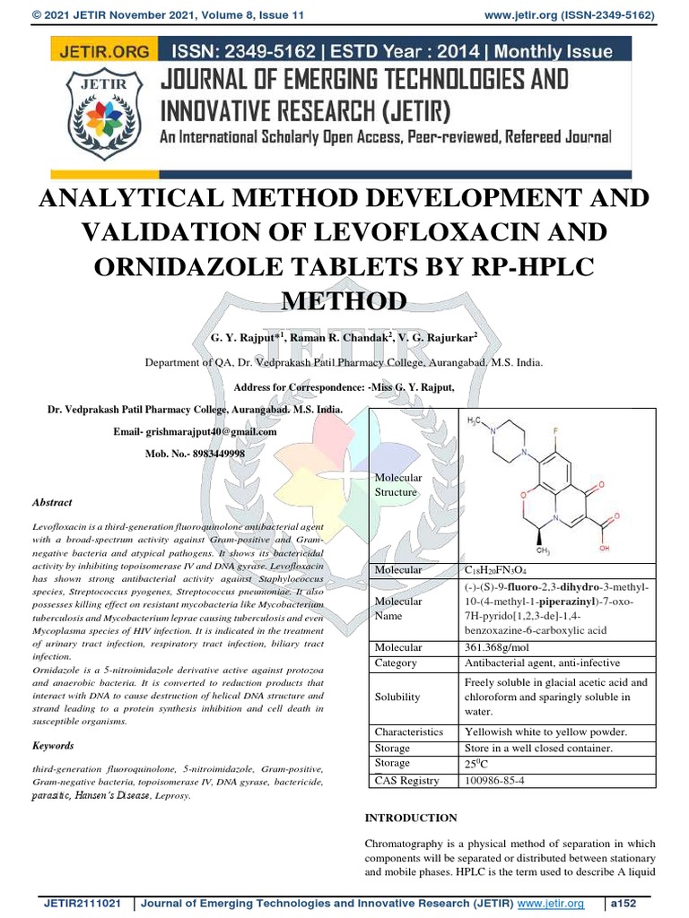 Analytical Method Development and Validation of Levofloxacin and Ornidazole Tablets by RP-HPLC ...
