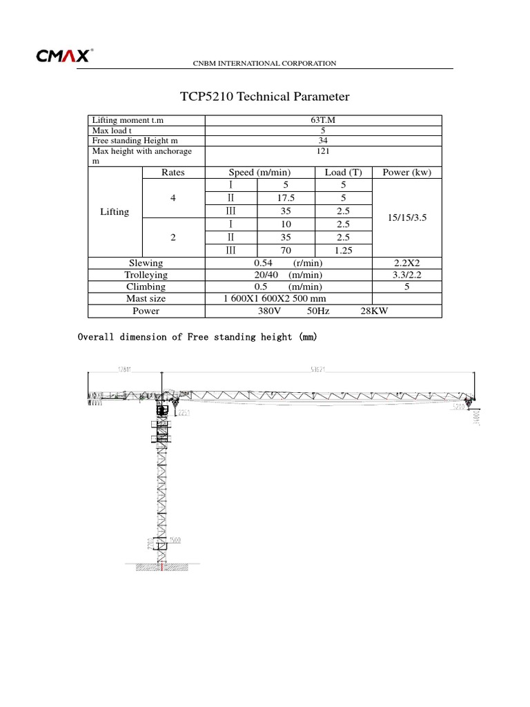 CNBM CMAX PT5210 Tower Crane Specs | PDF