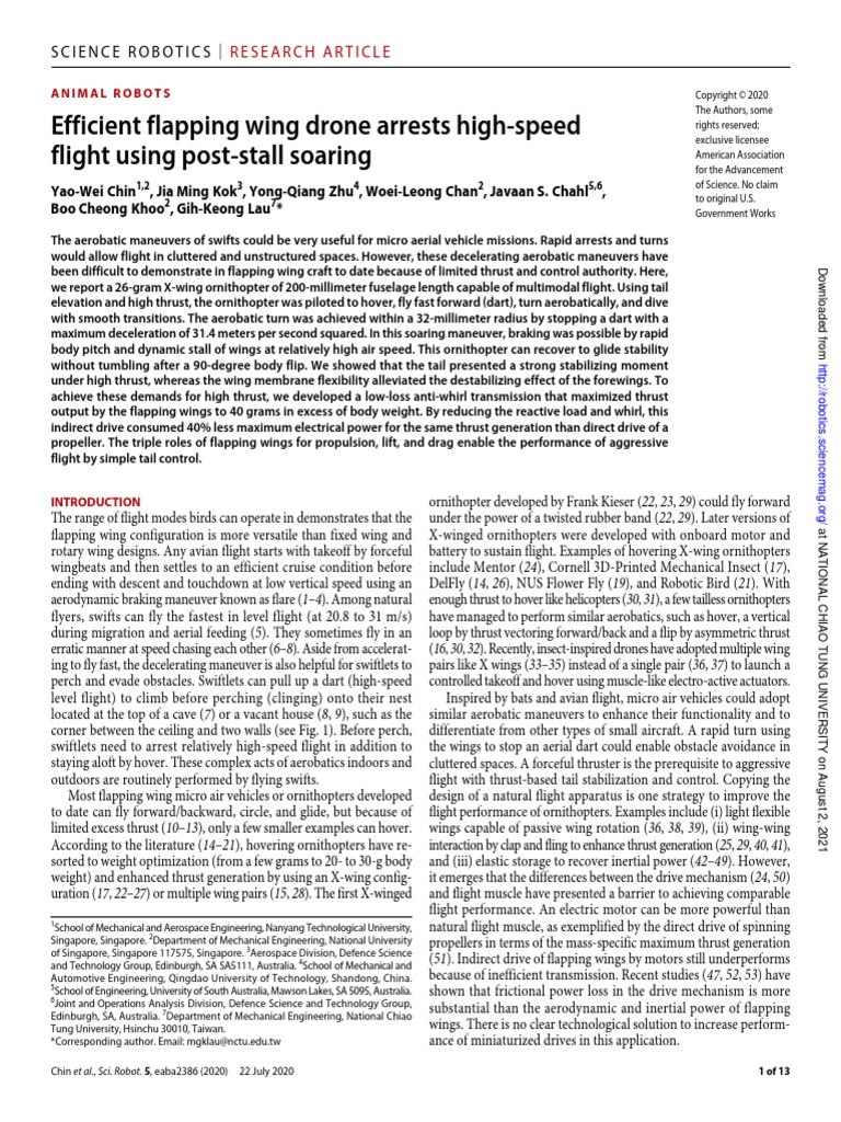 Efficient Flapping Wing Drone Arrests High-Speed Flight Using Post ...