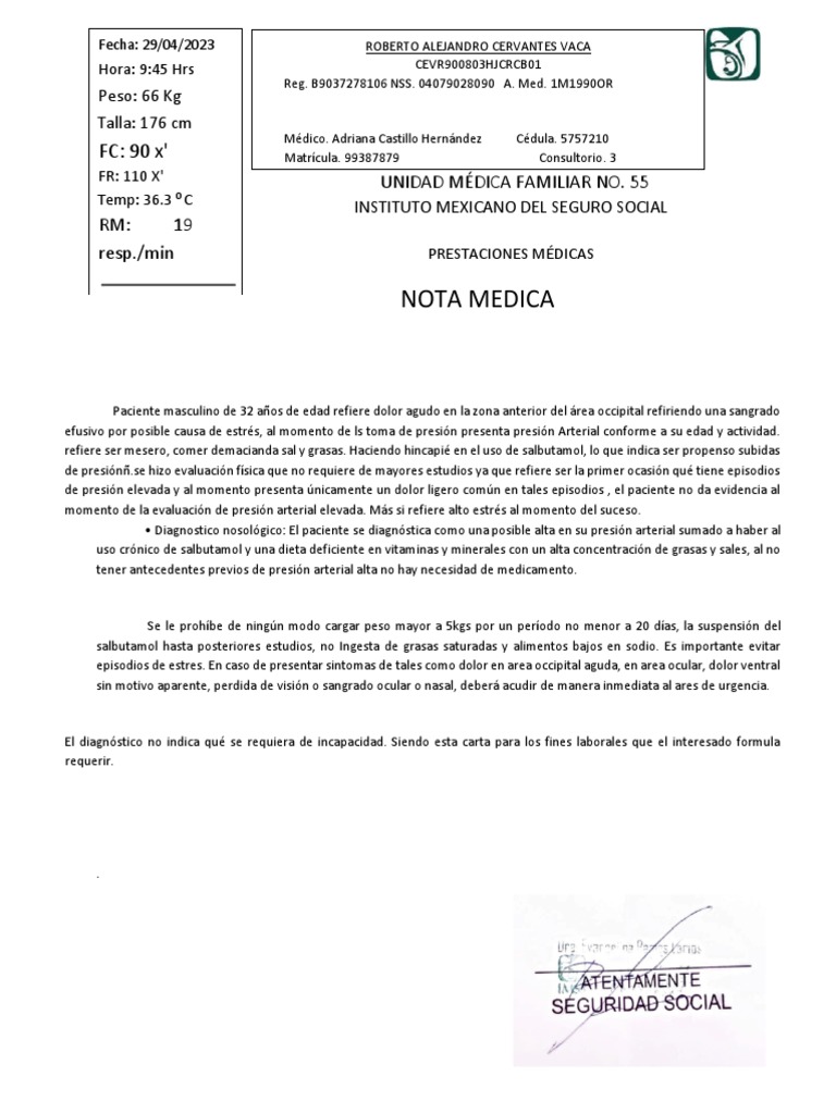 Nota médica que describe la evaluación de un paciente masculino de 32 ...